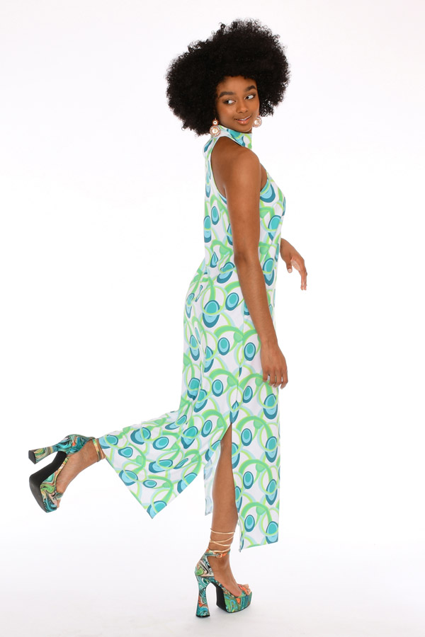 Gia 60s Green Mod Retro Print Sleeveless Maxi Dress - Aqua Lava ...
